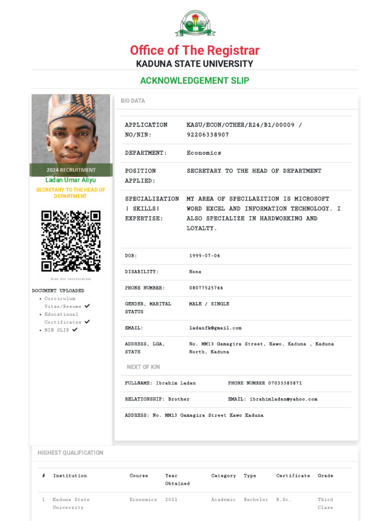 KASU Application Acknowledgement Slip | PDF