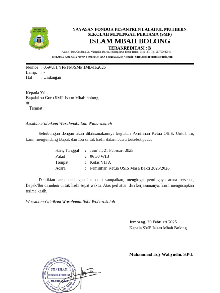 Undangan Pemilihan Ketua OSIS SMP Islam | PDF