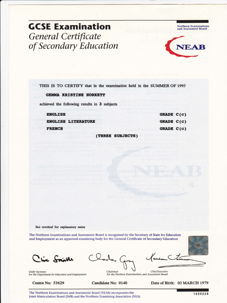 NEAB GCSE Examination Certificate | PDF