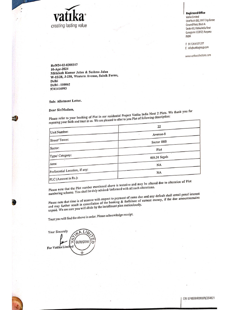 Allotment Letters | PDF