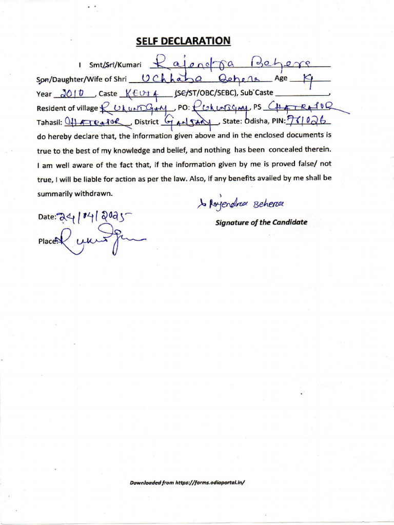Self Declaration Rajendra | PDF
