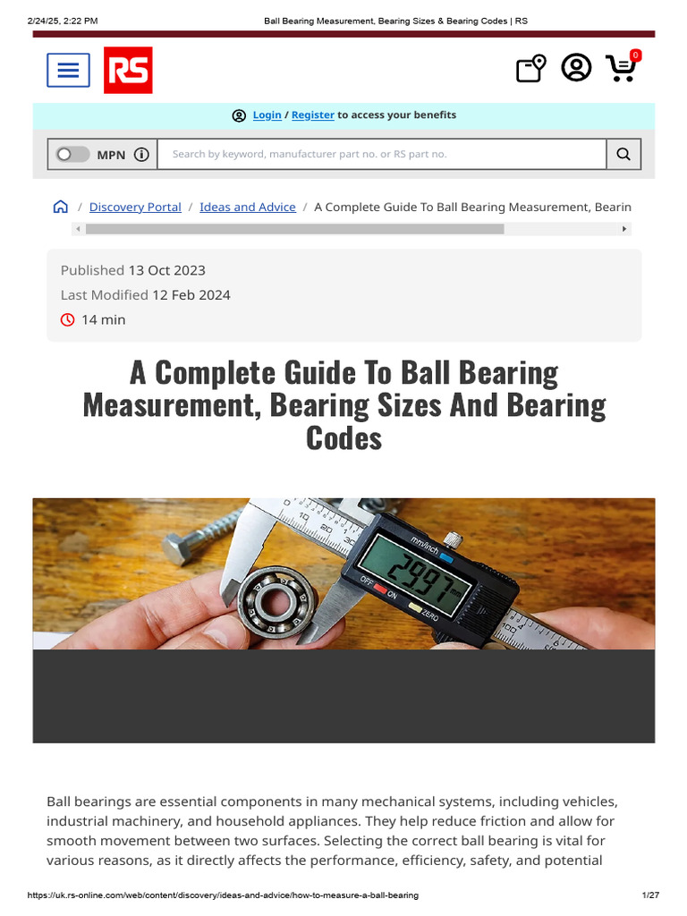 Ball Bearing Measurement, Bearing Sizes & Bearing Codes - RS | PDF ...