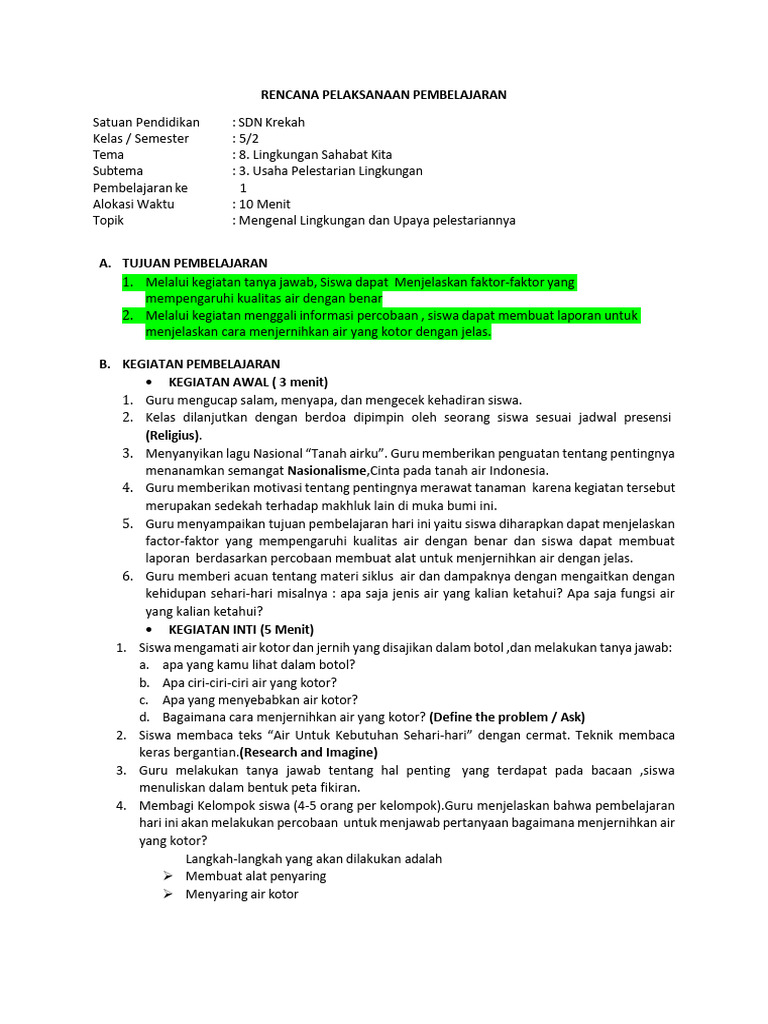 Rpp Adiwiyata Kelas 5 Konservasi Air Pdf