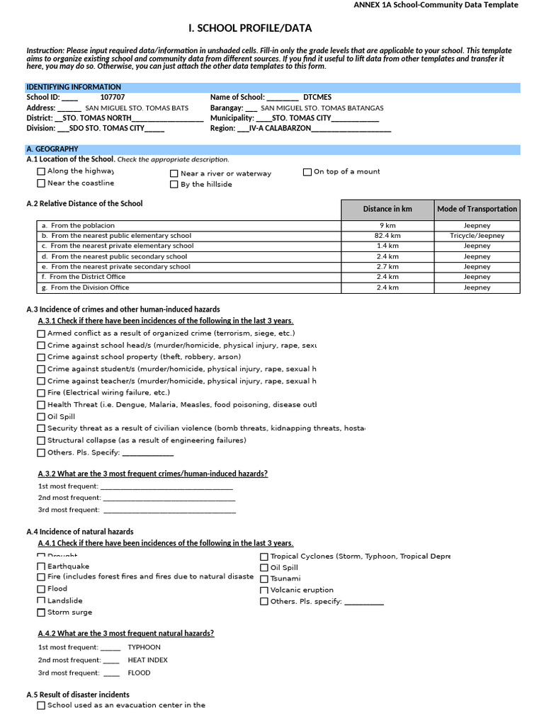 Sip Annex 1a School-Community Data Template-2 | PDF | Natural Disasters | Hazards