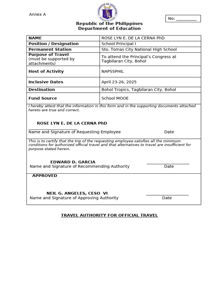 Travel Authority For Official Travel | PDF