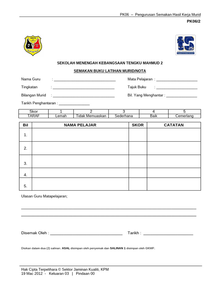 Borang PK 6 1 Borang Semakan Oelh Guru MP | PDF