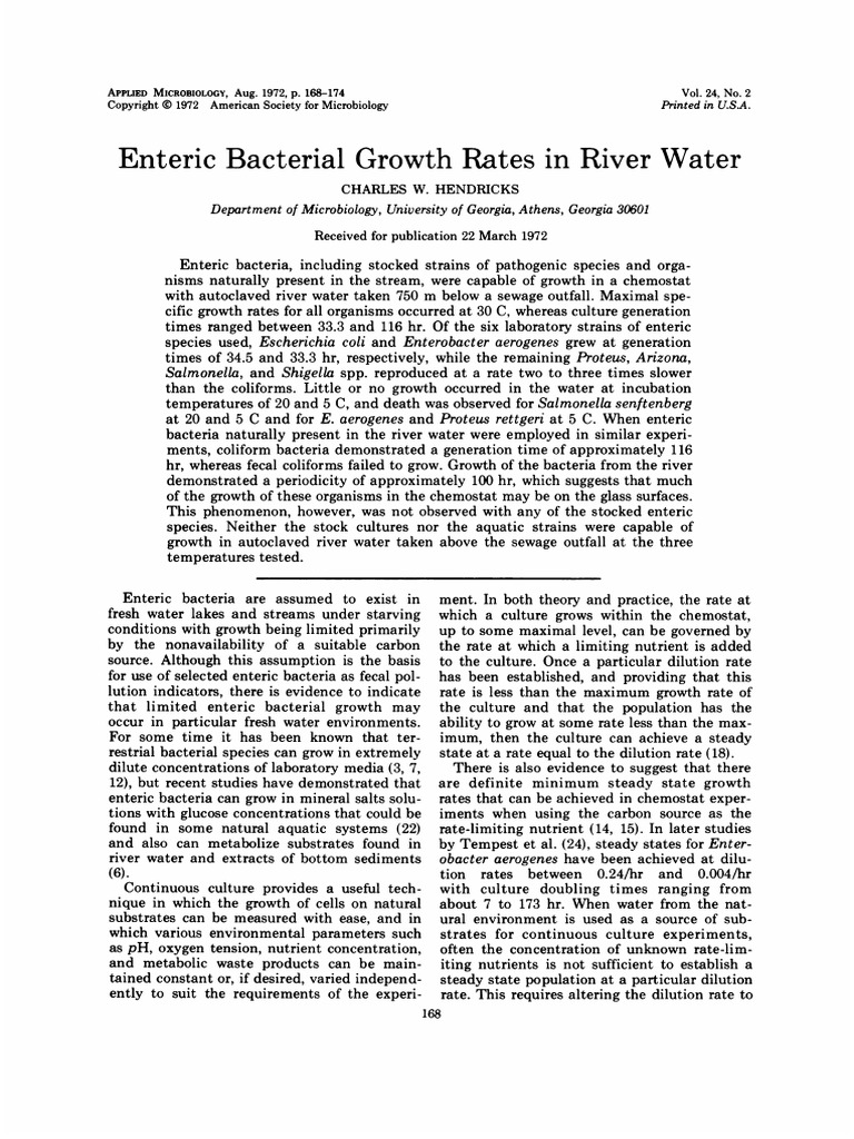 Hendricks Enteric Bacterial Growth Rates in River Water | PDF ...