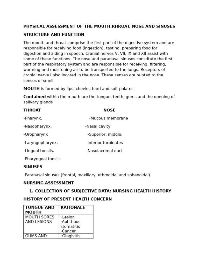 Mouth, Throat, Nose & Sinus Assessment | PDF | Human Nose ...