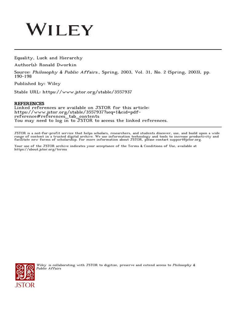 Dworkin Ronald - Equality Luck and Hierarchy 2003 Spring | PDF ...