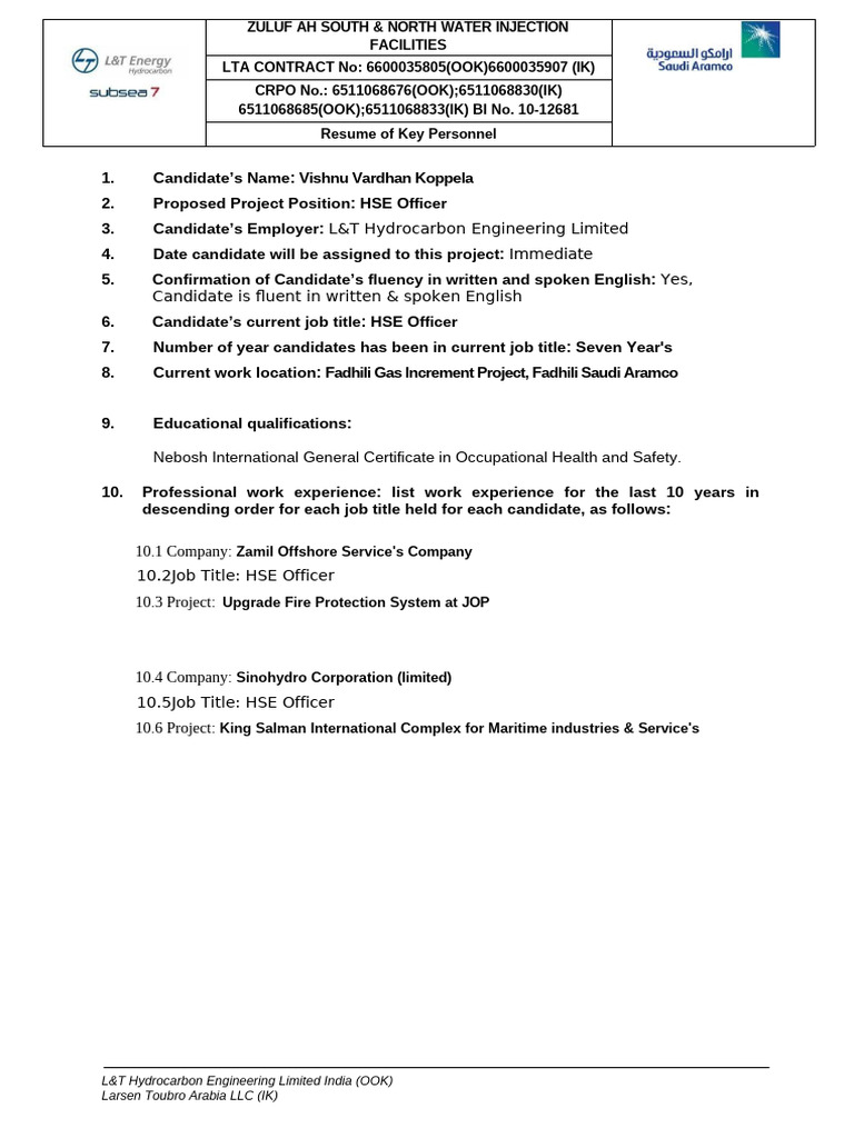 Crpo 81 - Aqib Iqbal Khan CV Format | PDF | Safety | Occupational ...