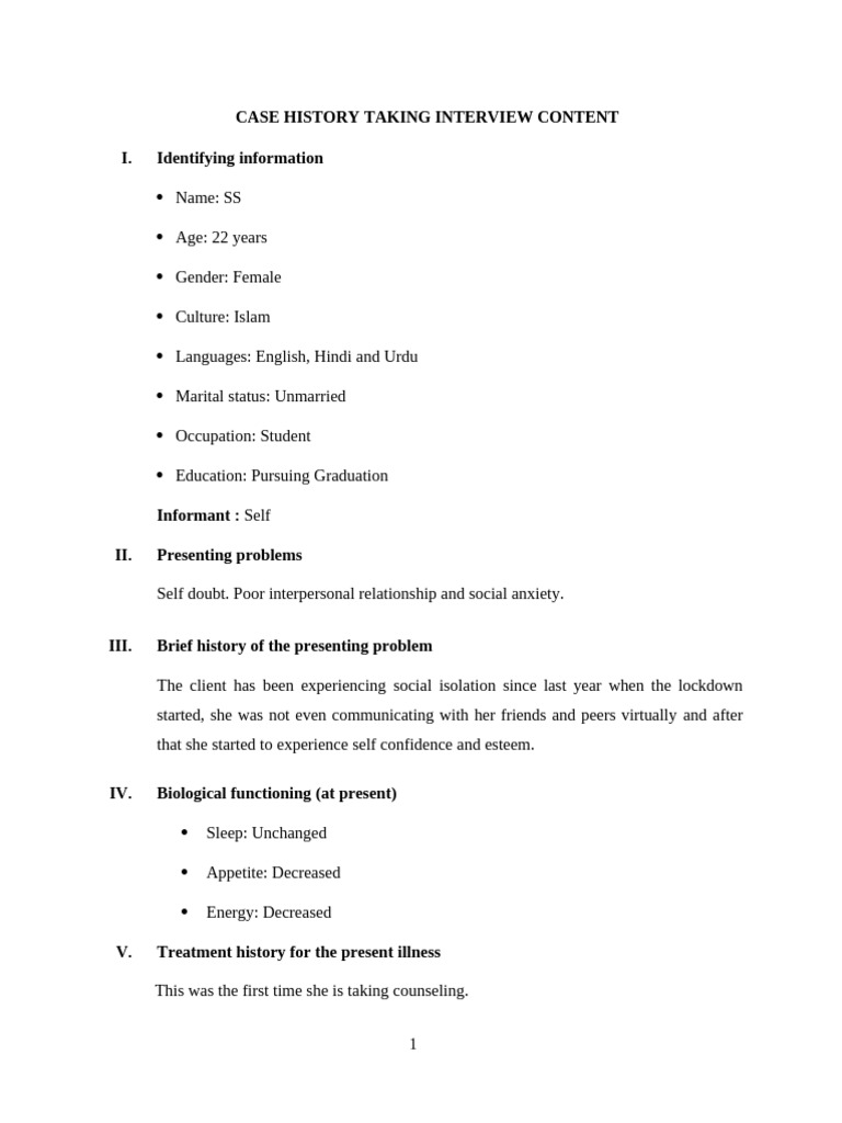 Case History Taking Interview Content | PDF | Thought | Friendship