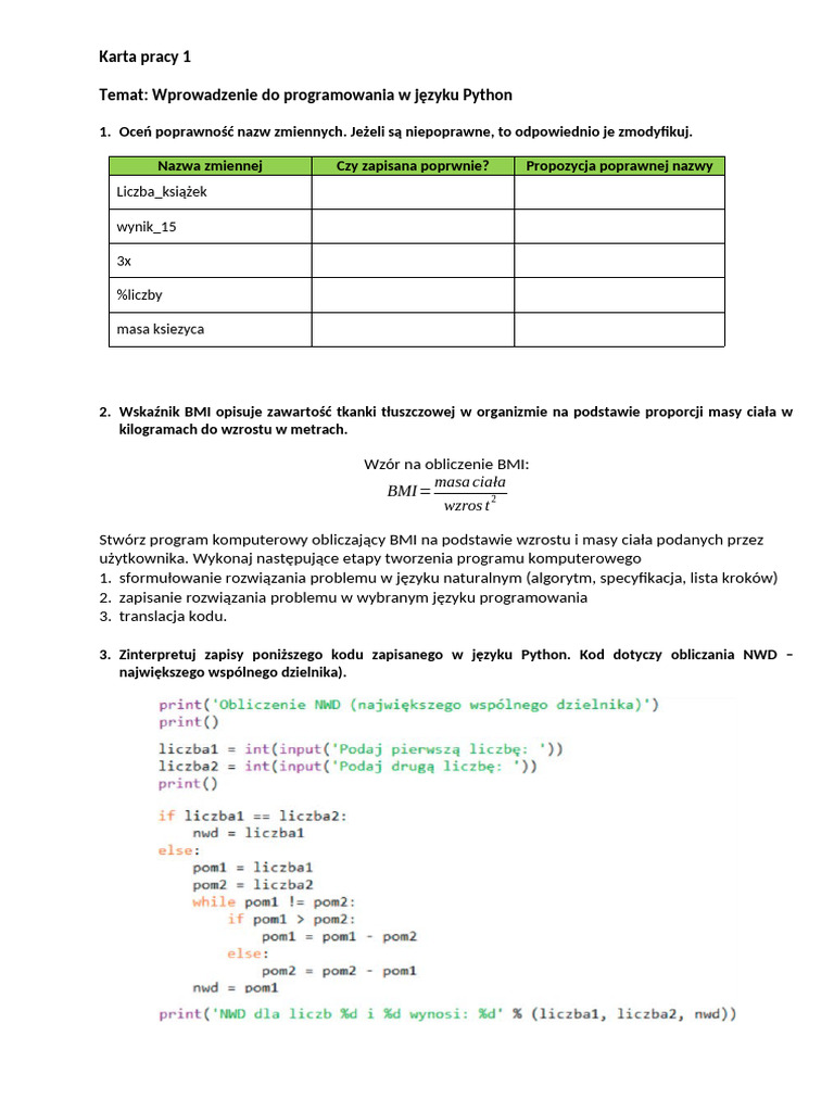 Karta Pracy Wprowadzenie Do Programowania W Jezyku Python - KL - 8 | PDF