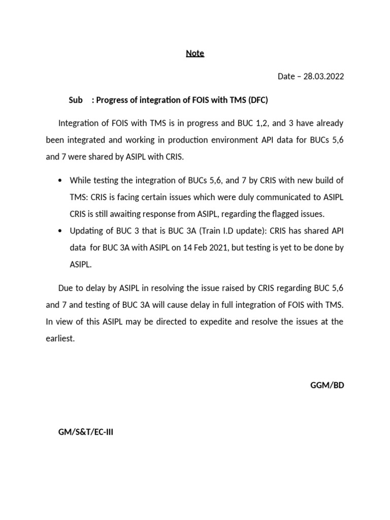 Progress of Integration of FOIS With TMS (DFC) | PDF