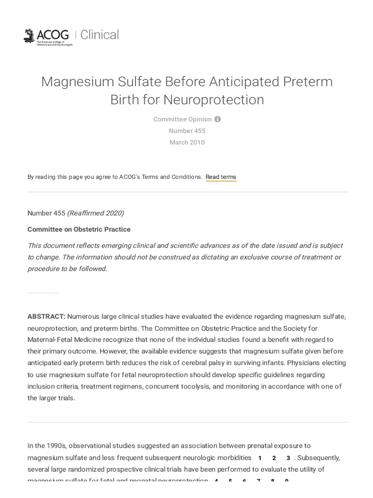 Magnesium Sulfate Before Anticipated Preterm Birth For Neuroprotection - ACOG | PDF | Preterm ...