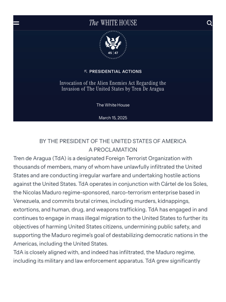 Invocation of The Alien Enemies Act Regarding The Invasion of The ...
