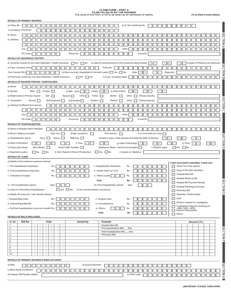 Claim Form Part-A To Be filled in by the Insured | PDF | Insurance | Hospital