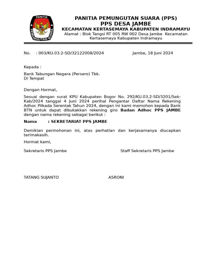 Pembukaan Rekening PPS Desa Jambe 2024 | PDF