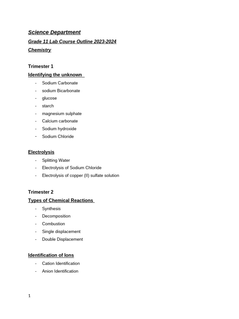 G11 Chemistry Lab Course Outline | PDF