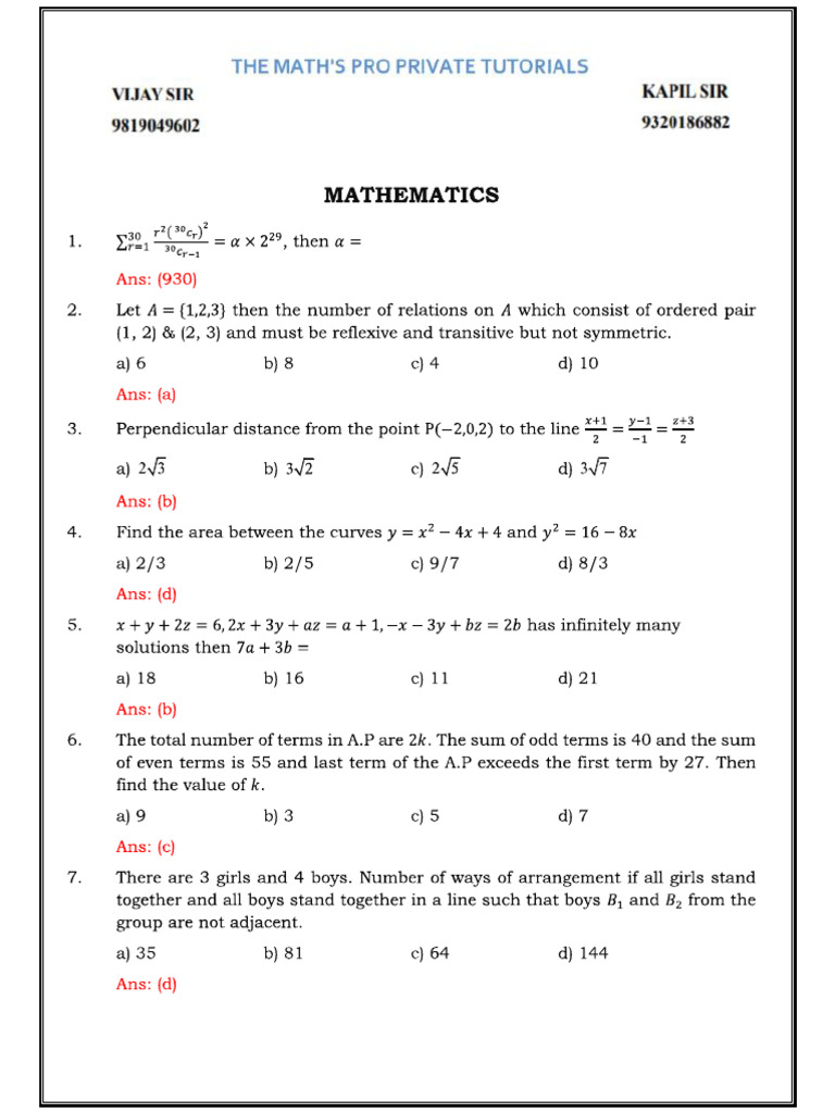 01 Mathematics-JEE - Main - 2025 - 22nd - Jan - Shift - 2 - Question ...