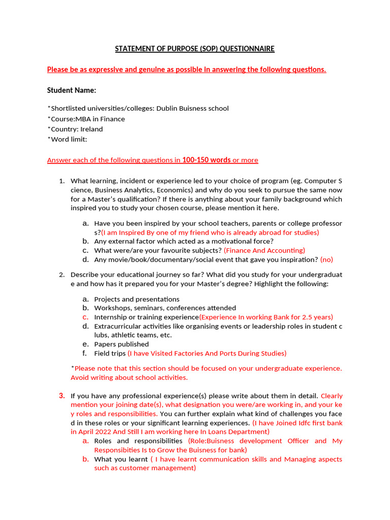 Revised SOP Questionnaire | PDF | Master's Degree