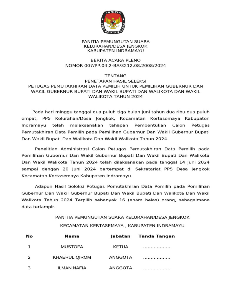 BERITA ACARA PENETAPAN HASIL PANTARLIH JNK | PDF