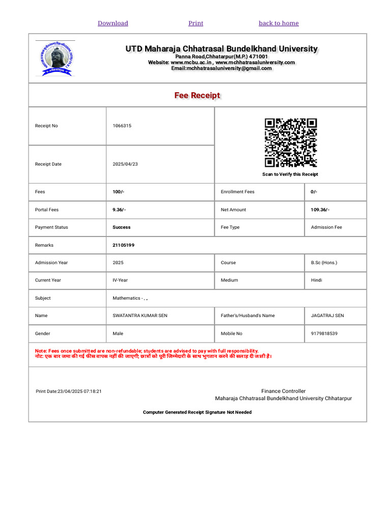 Enrollment & Admission Receipt | PDF