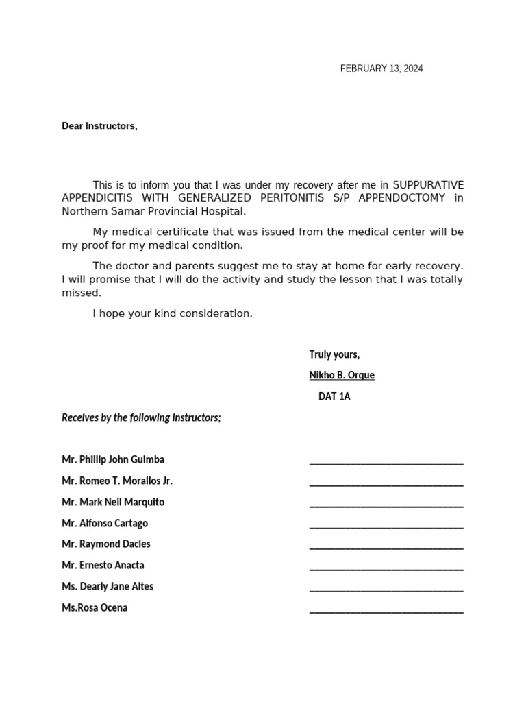 Medical Leave After Appendoctomy | PDF