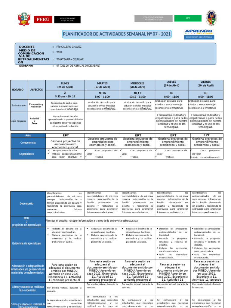 PLANIFICADOR EPT SEMANA 7 PRIMER BIMESTRE (2) | PDF | Aprendizaje | Modificación de comportamiento