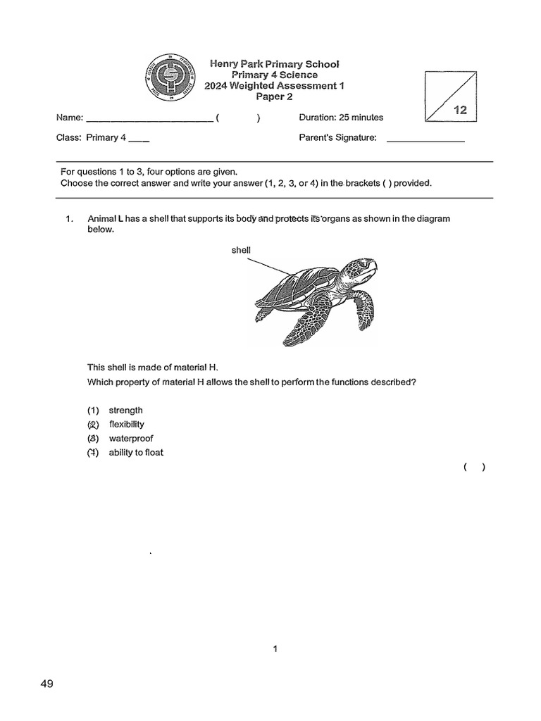 P4 Science WA1 2024 HenryPark Exam Papers | PDF