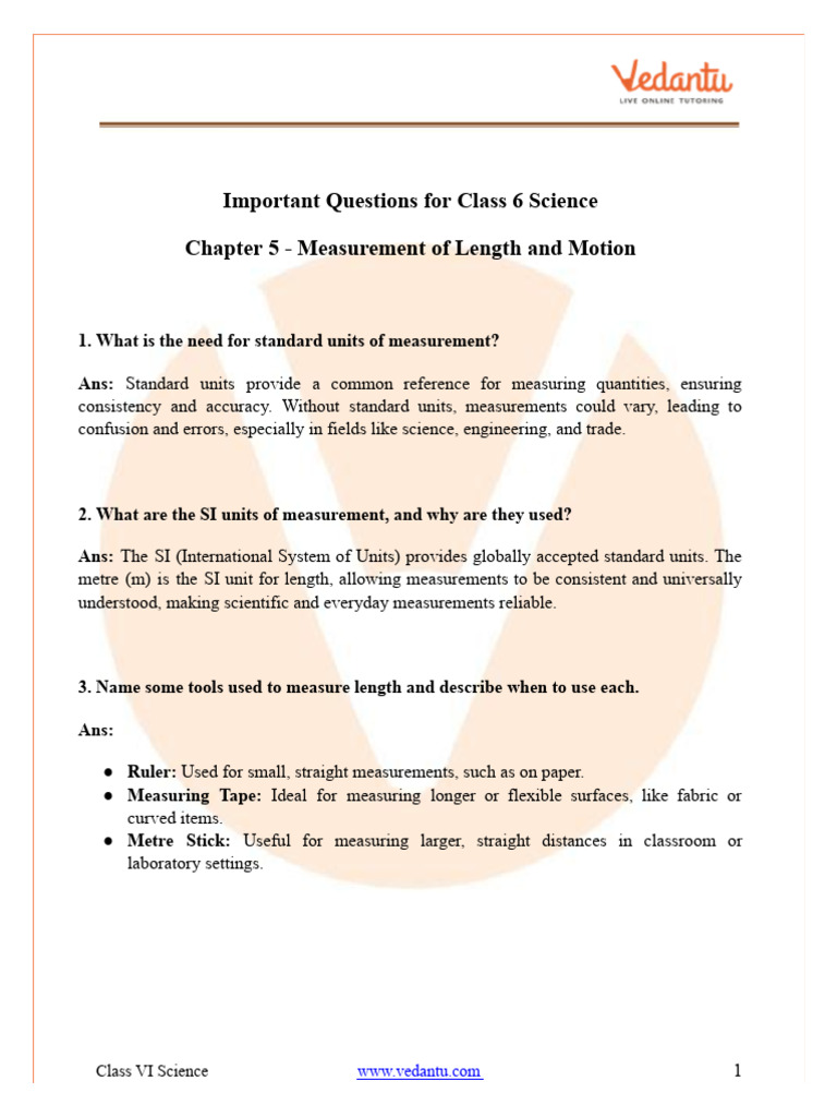 Important Questions For Class 6 Science Chapter 5 | PDF | Measurement ...