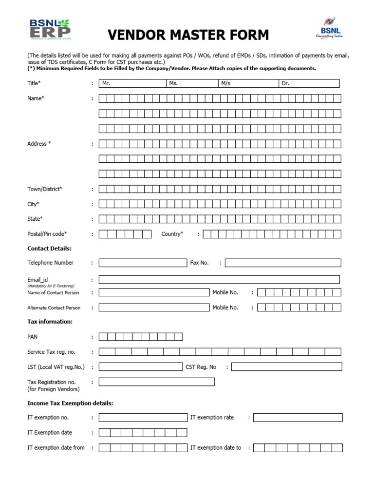 BSNL Vendor Master Form | PDF | Cheque | Invoice