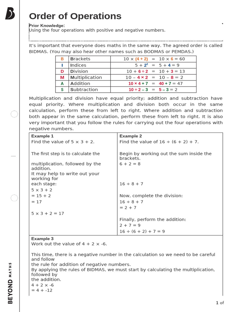 Order of Operations (Print) | PDF | Mathematics | Arithmetic