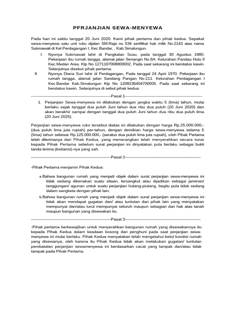 Perjanjian Sewa Ruko 2020-2025 | PDF