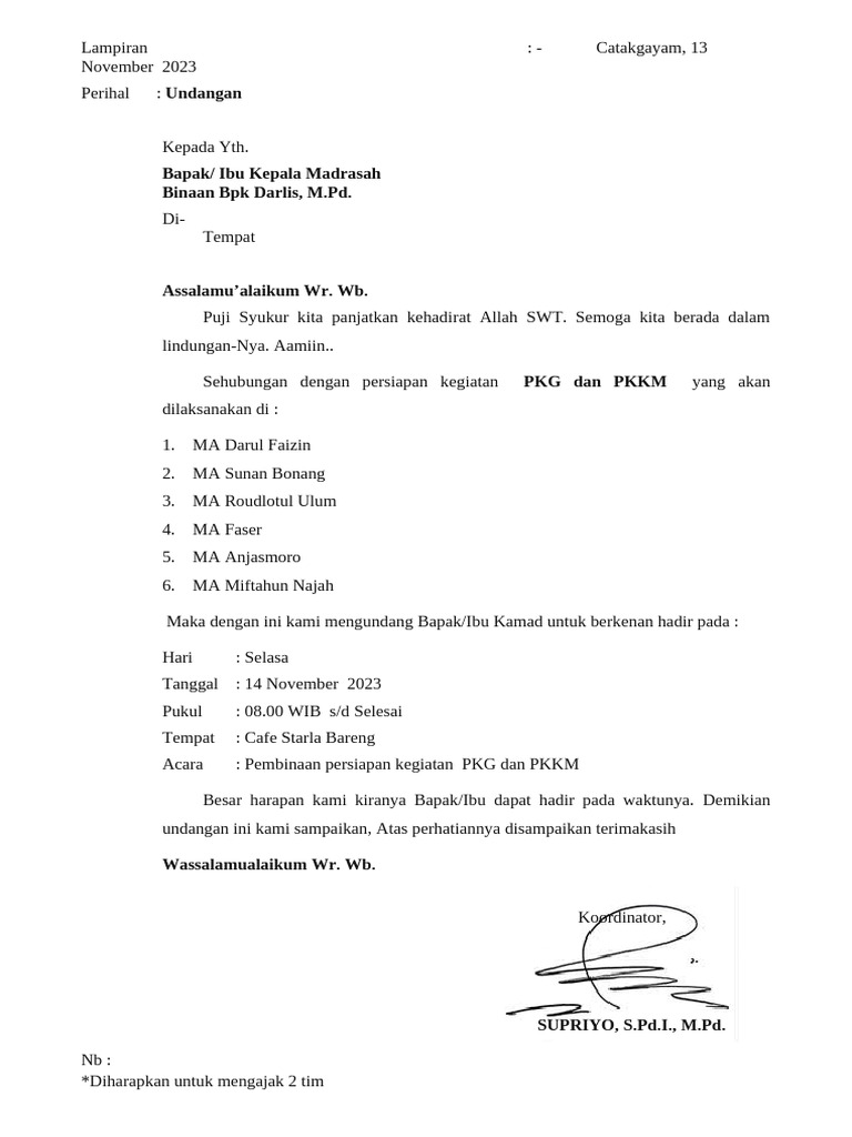 Undangan Pembinaan PKG dan PKKM 2023 | PDF