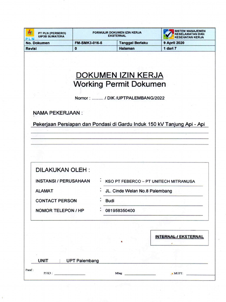 KSO PT Feberco - PT Unitech Mitranusa Pek. SIPIL GI TAA UPT PALEMBANG 24 mar - 24 apr 2022 | PDF