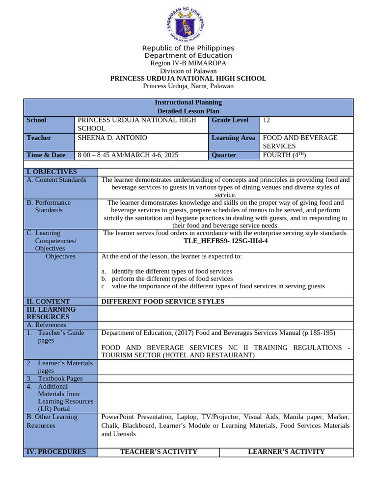 ANTONIO SHS TVL FBS Detailed Lesson Plan | PDF | Restaurants | Waiting Staff