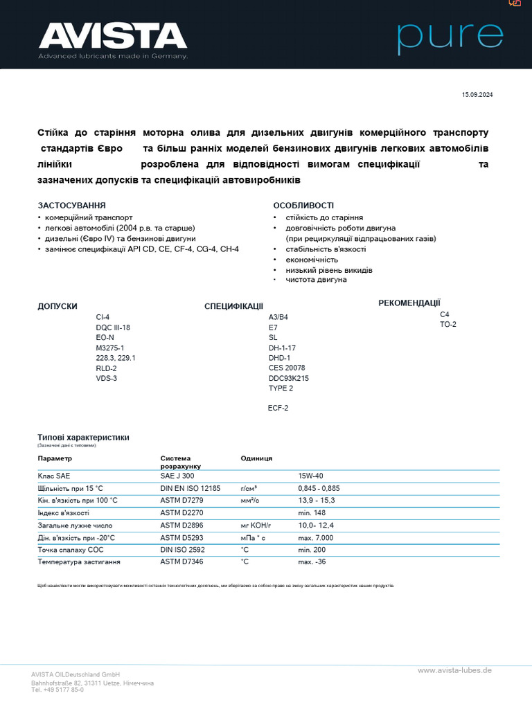 AL PI AVISTA Pure EVO CI-4 TS SAE 15W-40 V5 Ukr | PDF