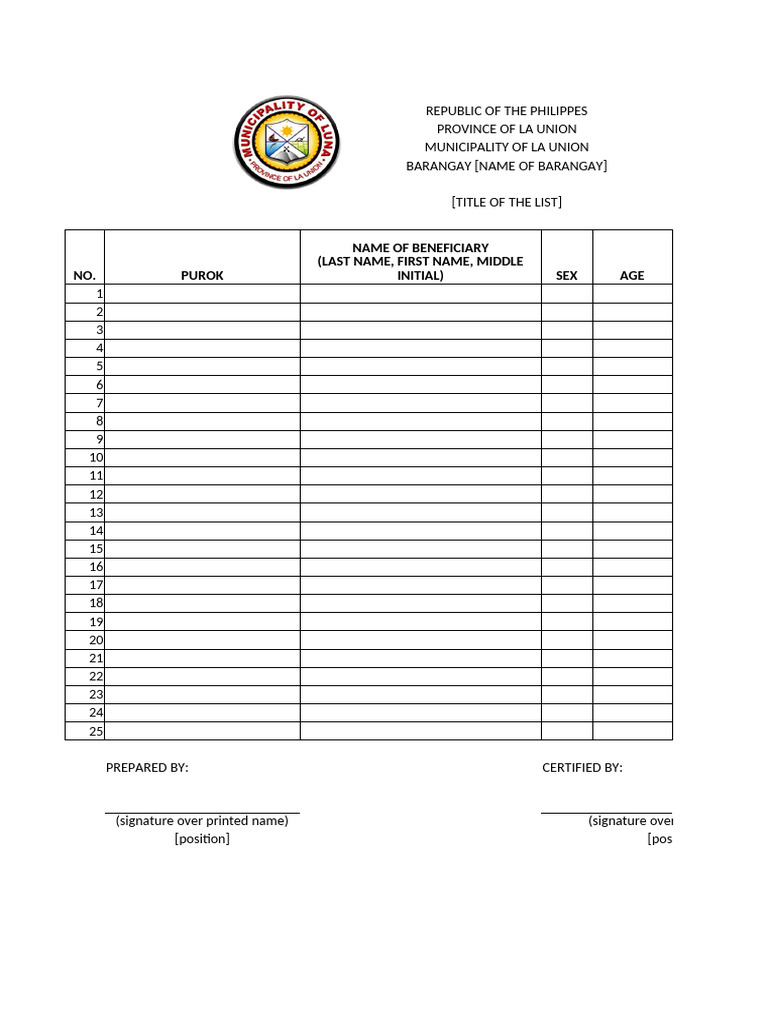 Template For Barangay List 1 | PDF