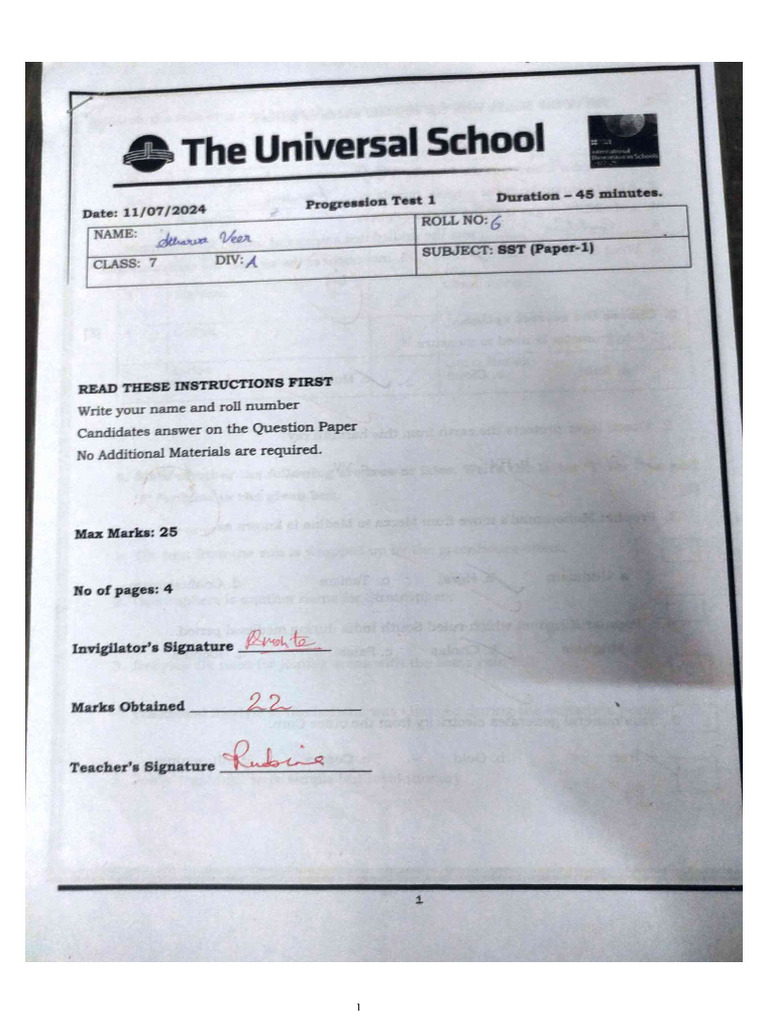 7th Uni PT-1 SST Paper 1 | PDF