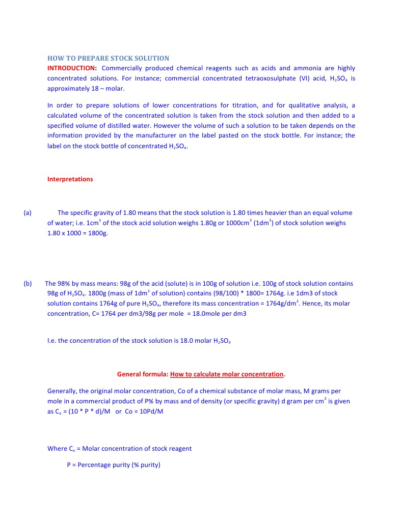 How To Prepare Stock Solution | PDF | Molar Concentration | Concentration