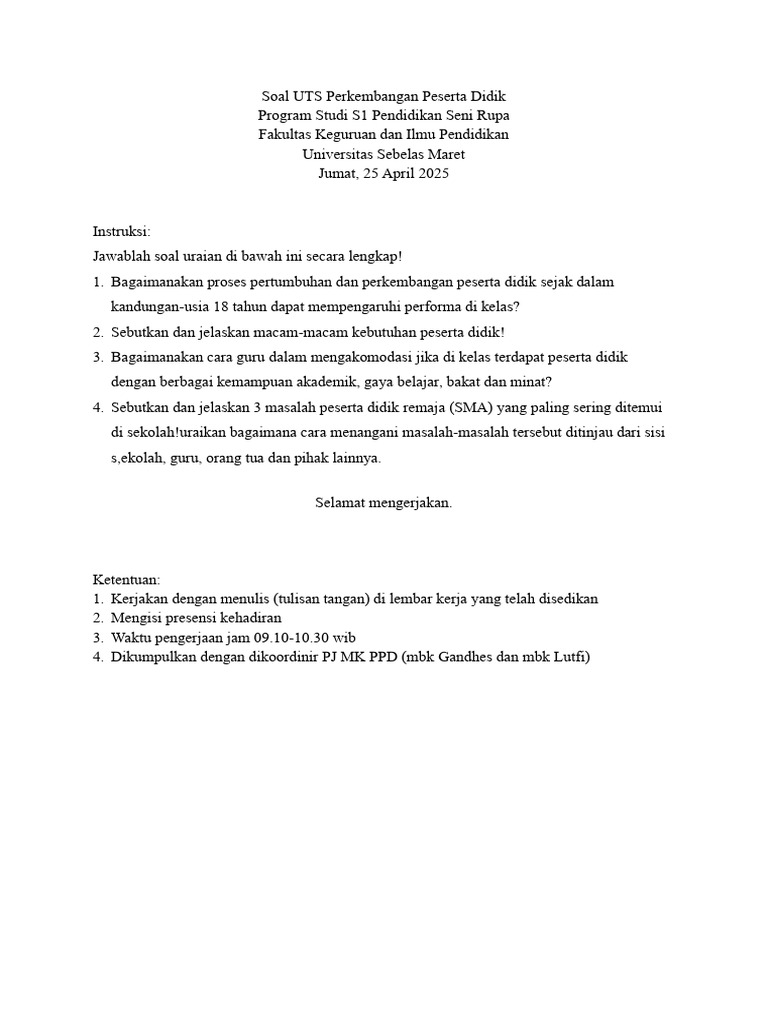 Soal UTS Perkembangan Peserta Didik 2025 | PDF
