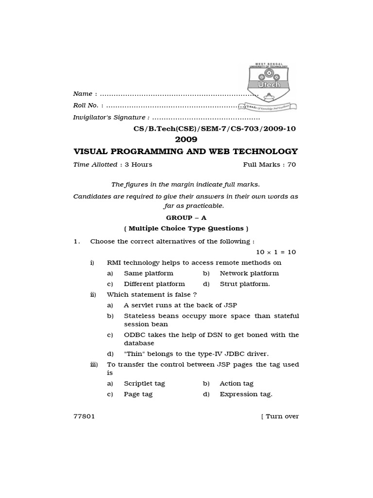 Btech Cse 7 Sem Visual Programming and Web Technology v2 2010 | PDF | Software Engineering ...