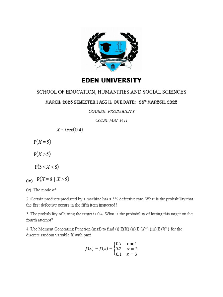Probability Ass 2 2025 Semester I 3 | PDF