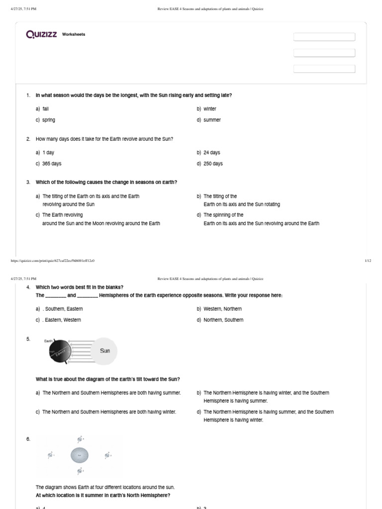 Seasons and Adaptations Worksheet | PDF | Earth | Rotation