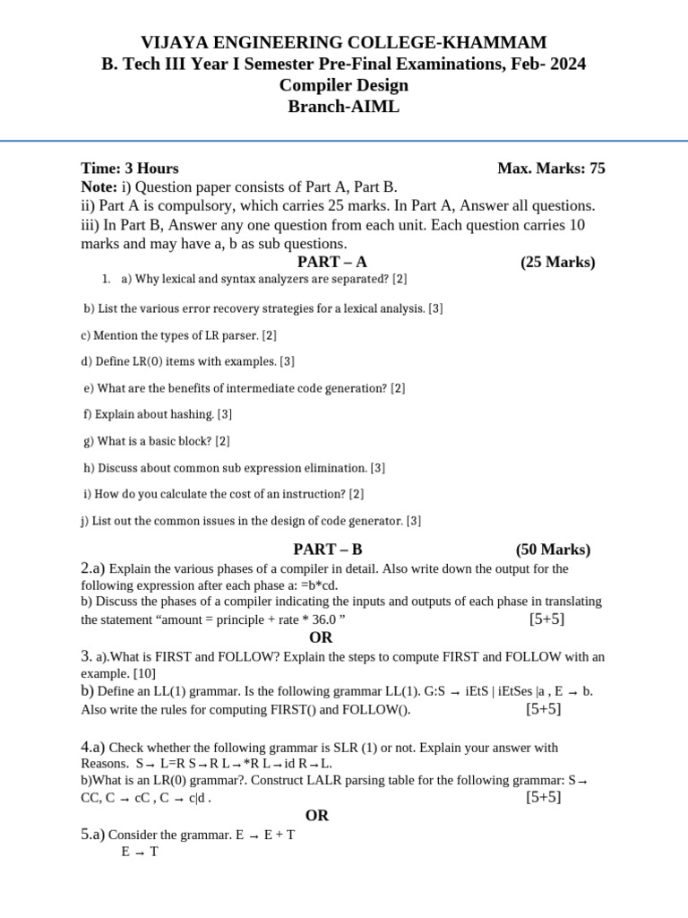 Compiler Design Exam Paper - Feb 2024 | PDF | Parsing | Computer ...