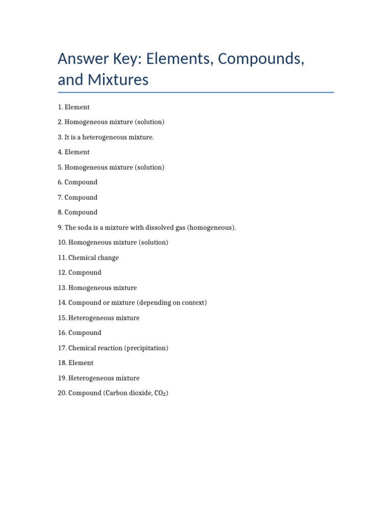 Elements, Compounds, Mixtures Answer Key | PDF