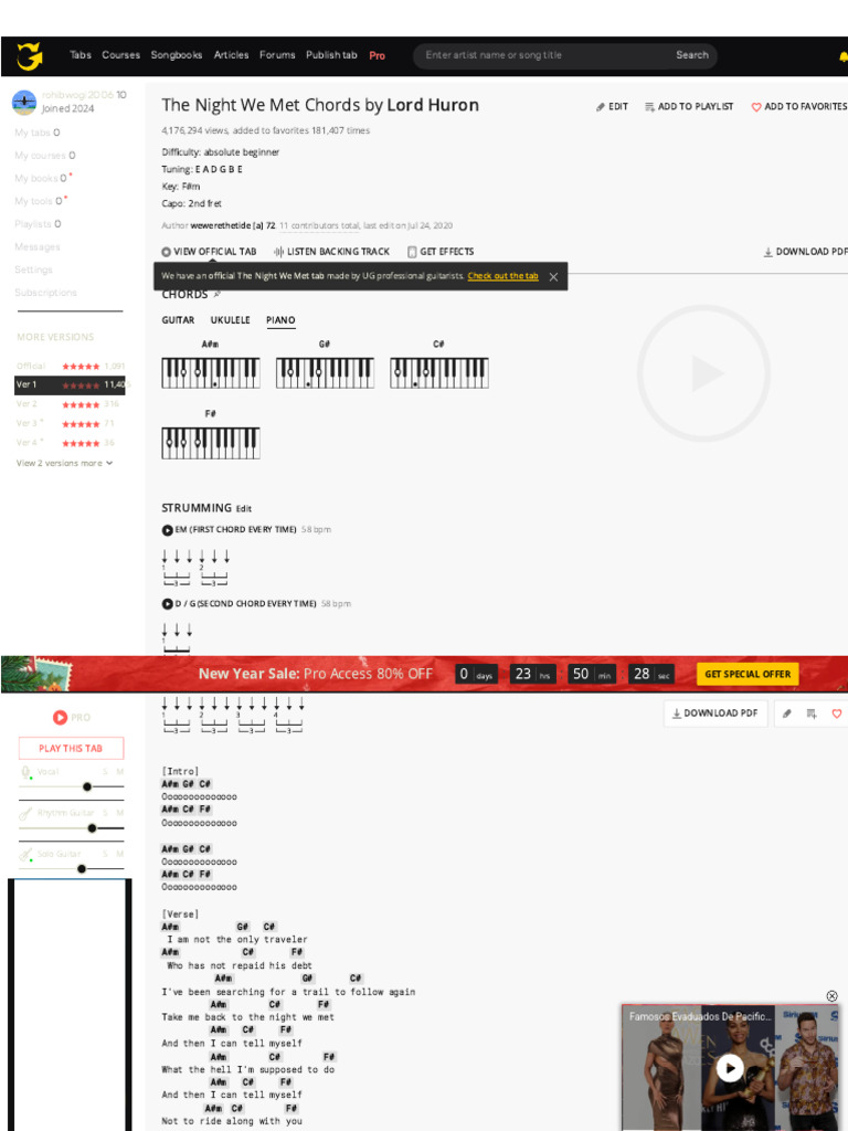 The Night We Met Chords by Lord Huron @ | PDF | Guitar Family Instruments