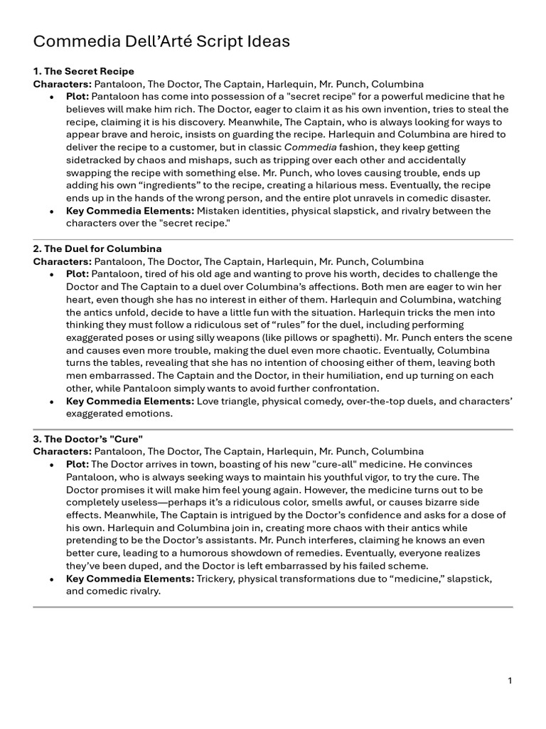 Commedia Dell'Arté Script Ideas | PDF | Commedia Dell'arte | Comedy
