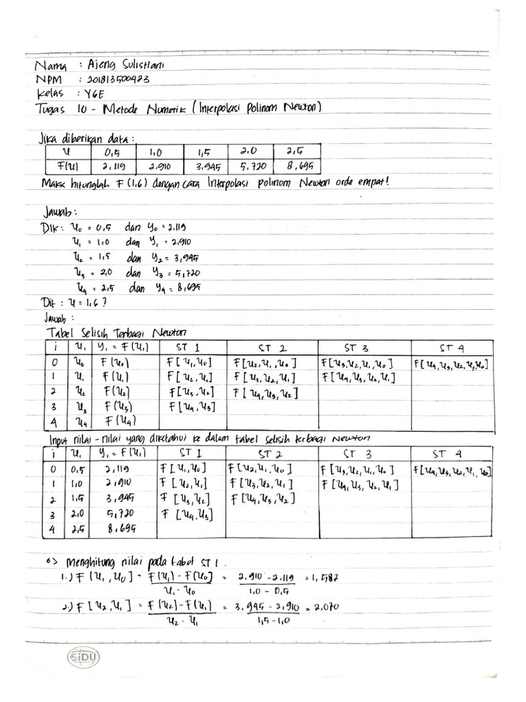 Tugas 10 Metode Numerik - Ajeng Sulistiani - 201813500423 | PDF