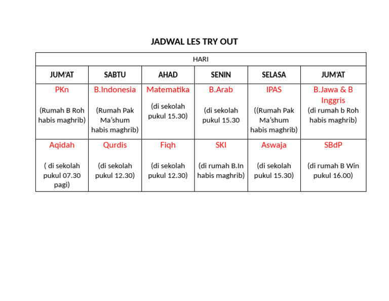 Jadwal Les Try Out | PDF